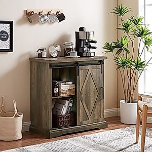 Okvnbjk Buffet Cabinet with Storage, Farmhouse Coffee Bar Cabinet, 32in Sideboard Cabinet with Sliding Barn Door, Buffets & Sideboards for Kitchen Living Room (Rustic Oak)