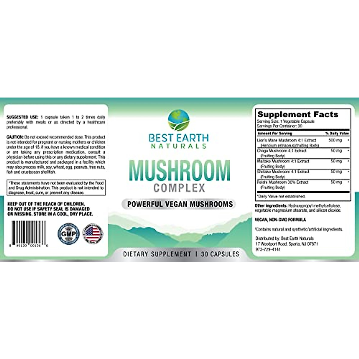 Best Earth Naturals Mushroom Complex - Vegan Formula with Lion’s Mane, Reishi, Chaga, Maitake, and Shiitake Mushrooms - 30 Day Supply