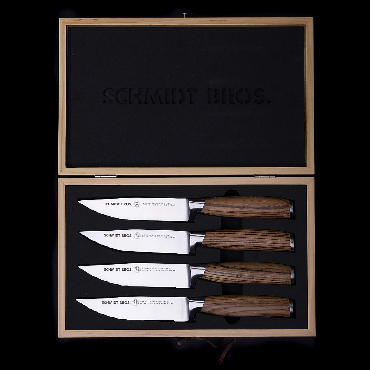 Schmidt Brothers - Zebra Wood 4-Piece Jumbo Steak Knife Set, High-Carbon German Stainless Steel Cutlery in a Wood Gift Box