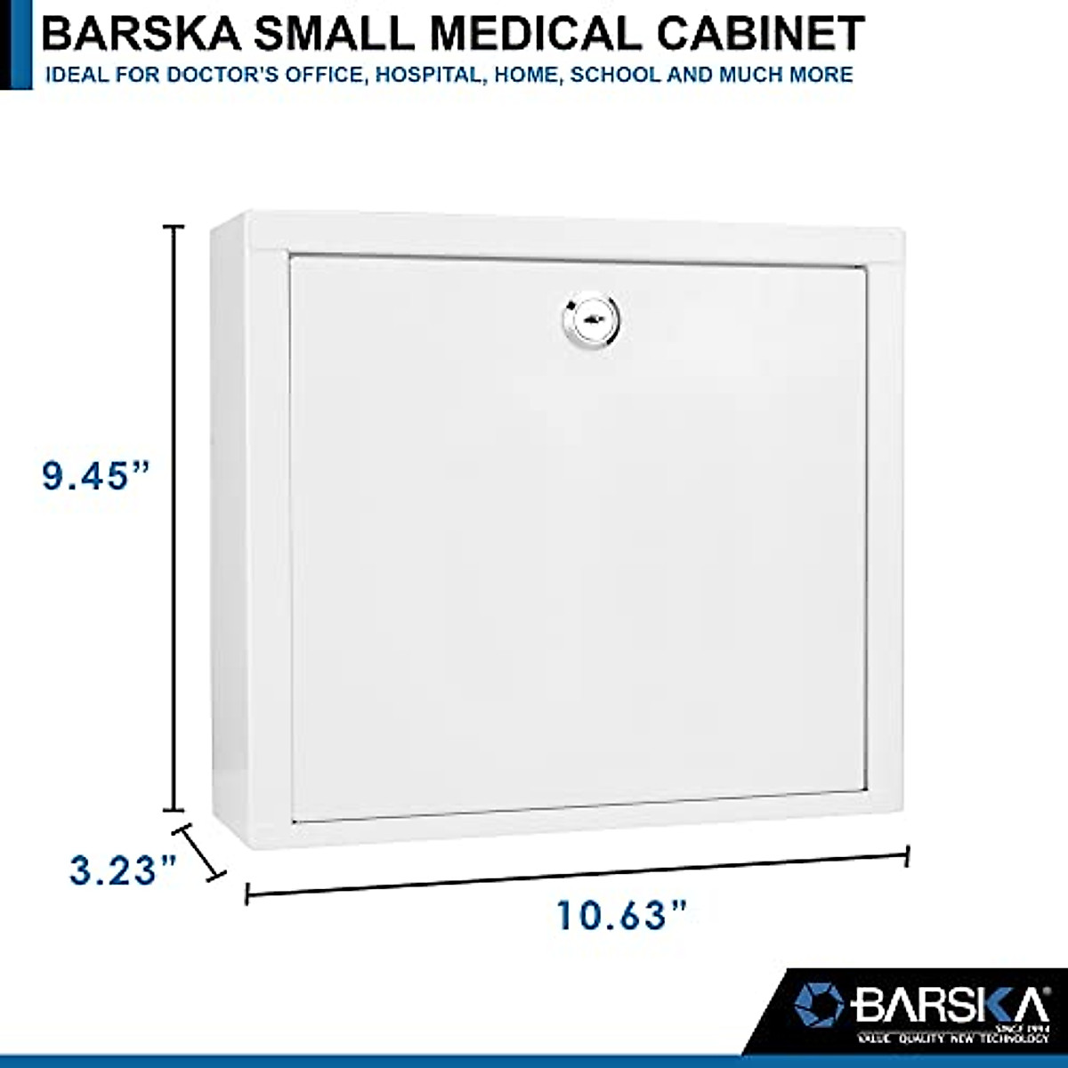 Barska Key Lock Wall Mount Small Security Magnet Erase Pad, Shelf, Stickers Medical Cabinet, White