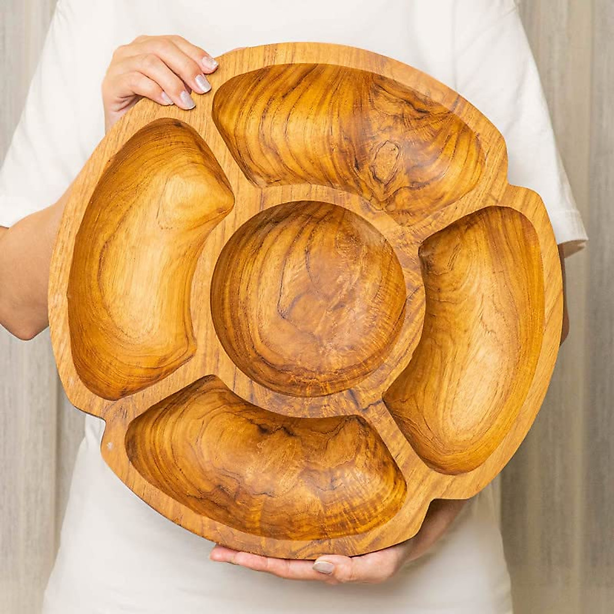 Rainforest Bowls Huge 16" Javanese Teak Wood Chip & Dip Divided Serving Set Platter- Ultra-Durable, Heirloom Piece Lasts a Lifetime- Exclusive Luxury Custom Design Handcrafted by Indonesian Artisans