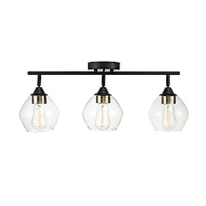 Globe Electric 59619 Harrow 3-Light Track Lighting, Matte Black, Antique Brass Accents, Clear Glass Shades, Bulbs Included