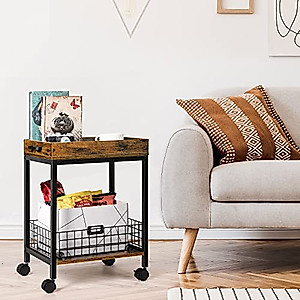 Fogein Side Table with Wheels,End Table with Removable Serving Tray, Industrial Retro Side Table Nightstand Storage Shelf, for Sofa Kitchen Living Room and Bedroom(Rustic Brown)