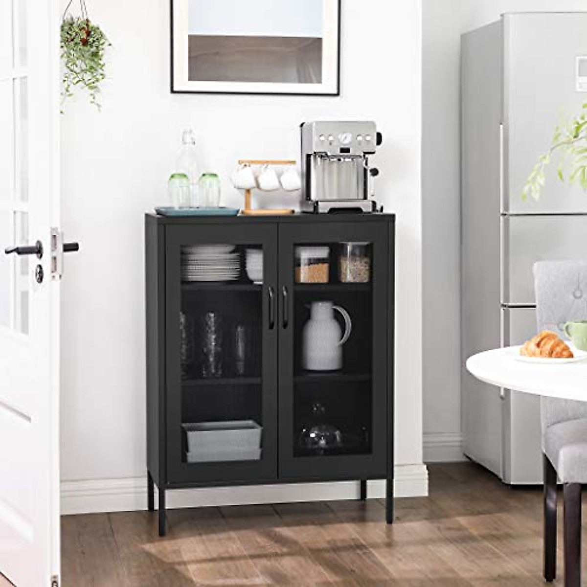 SONGMICS Metal Storage Cabinet with Mesh Doors, Multipurpose Storage Rack, 3-Tier Office Cabinet, Max. Load Capacity 55 lb per Tier, Black UOMC002B01