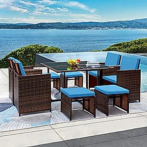 GUNJI 9 Pieces Patio Dining Outdoor Table and Chairs Table Set with Space Saving Rattan Chairs Patio Furniture Sets Cushioned Seating and Back (Blue)