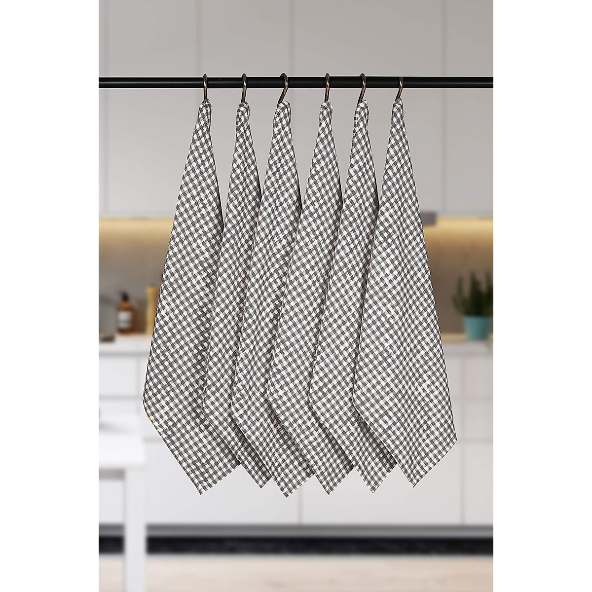 Native Fab 6 Pack Gingham Farmhouse Kitchen Dish Towels Cotton Absorbent Durable Washable 15x25 - Tea Towels, Dish Cloths, Restaurant Cleaning Towels, Kitchen Towels with Hanging Loop, Grey White