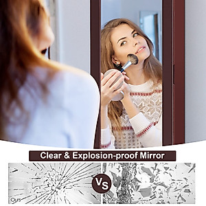 COSTWAY Full Length Mirror Jewelry Cabinet, Wall Door Mounted Jewelry Organizer with Makeup Mirror, Ring Slots and Necklace Hooks, Large Storage Jewelry Armoire for Bedroom, Dressing Room (Brown)