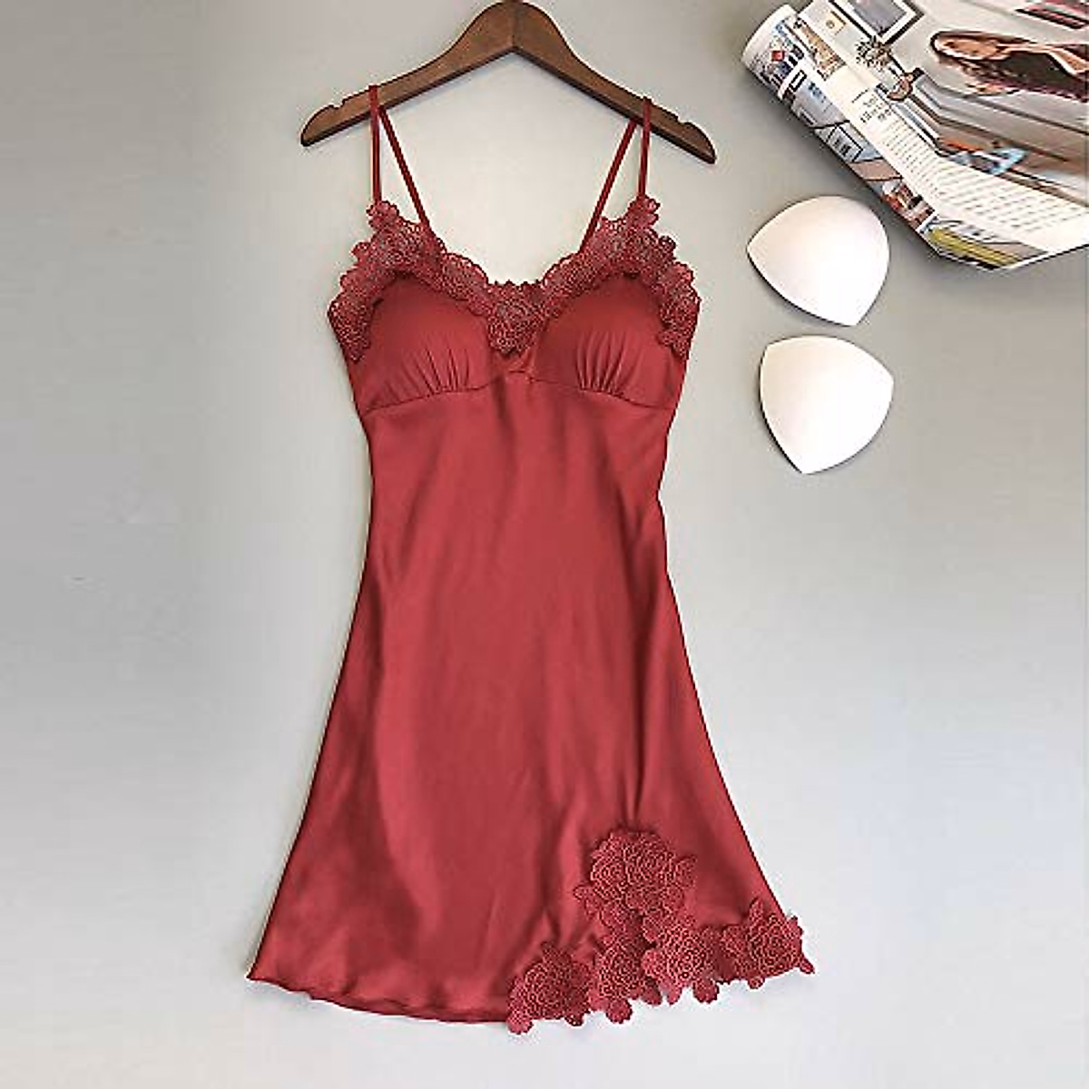 Aniywn Sexy Sleepwear Women's Spaghetti Strap Lace Trim Satin Full Slip Dress Lingerie Chemise Nightgowns Babydoll Dress Wine