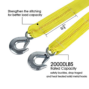JCHL Nylon Tow Strap with Hooks 2”x20’ Car Vehicle Heavy Duty Recovery Rope 20,000 lbs Capacity Tow Rope for Car Truck Jeep ATV SUV
