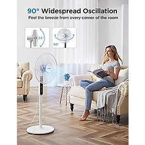 PELONIS 16" Oscillating Pedestal Stand Up Fan | Adjustable Height | Ultra Quiet DC Motor | Remote Control | 12 Speed | 12-Hour Timer | High Energy Efficiency | for Bedroom Home Office Use | White