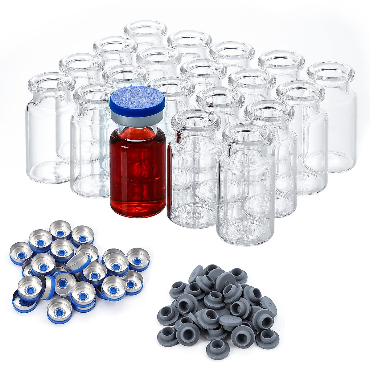 200 Pack 10ml Glass Vials, Clear Glass Headspace Vials with Plastic-Aluminum Flip Off Caps and Rubber Stoppers, 20mm Transparent Flat Bottom Lab Vial