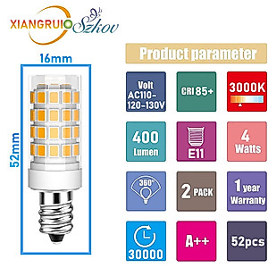 2-Pack E11 LED Bulb JD E11 Candelabra Light Bulb 4W Equivalent 40W Halogen Bulb T4 Edison Screw Candle Mini Candelabra Base,for Chandeliers, Sconce, Cabinet Lighting AC120V Warm White 3000K