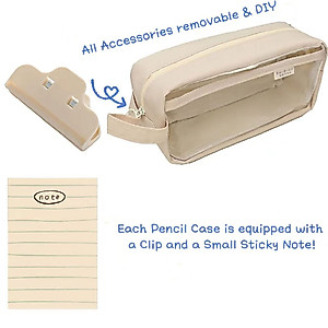 Clear Pencil Pouch Aesthetic School Supplies Large Cute Pencil Case for Girls Preppy Pencil Case Aesthetic (Beige,with Clip & Sticky Note)