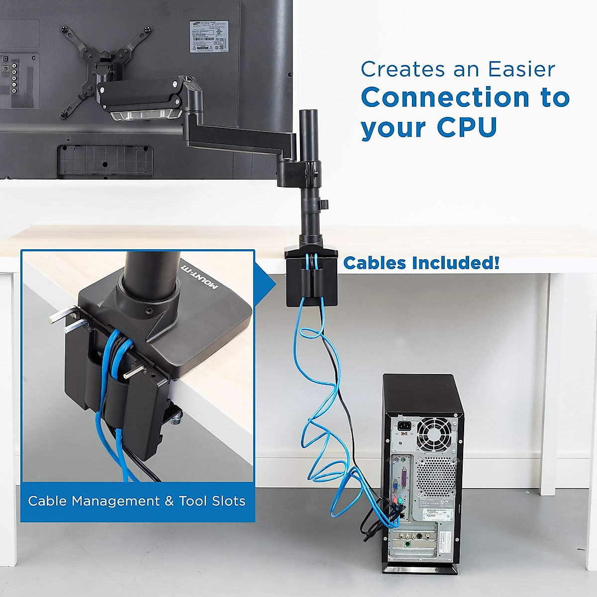 Mount-It! Ultrawide Monitor Desk Mount, Single Monitor Mount for Heavy Monitors Up to 35 Inch and 33 Lbs, VESA 100, 200 mm Compatible, Height Adjustable Gas Spring Arm 2 x USB 3.0 and Audio Port