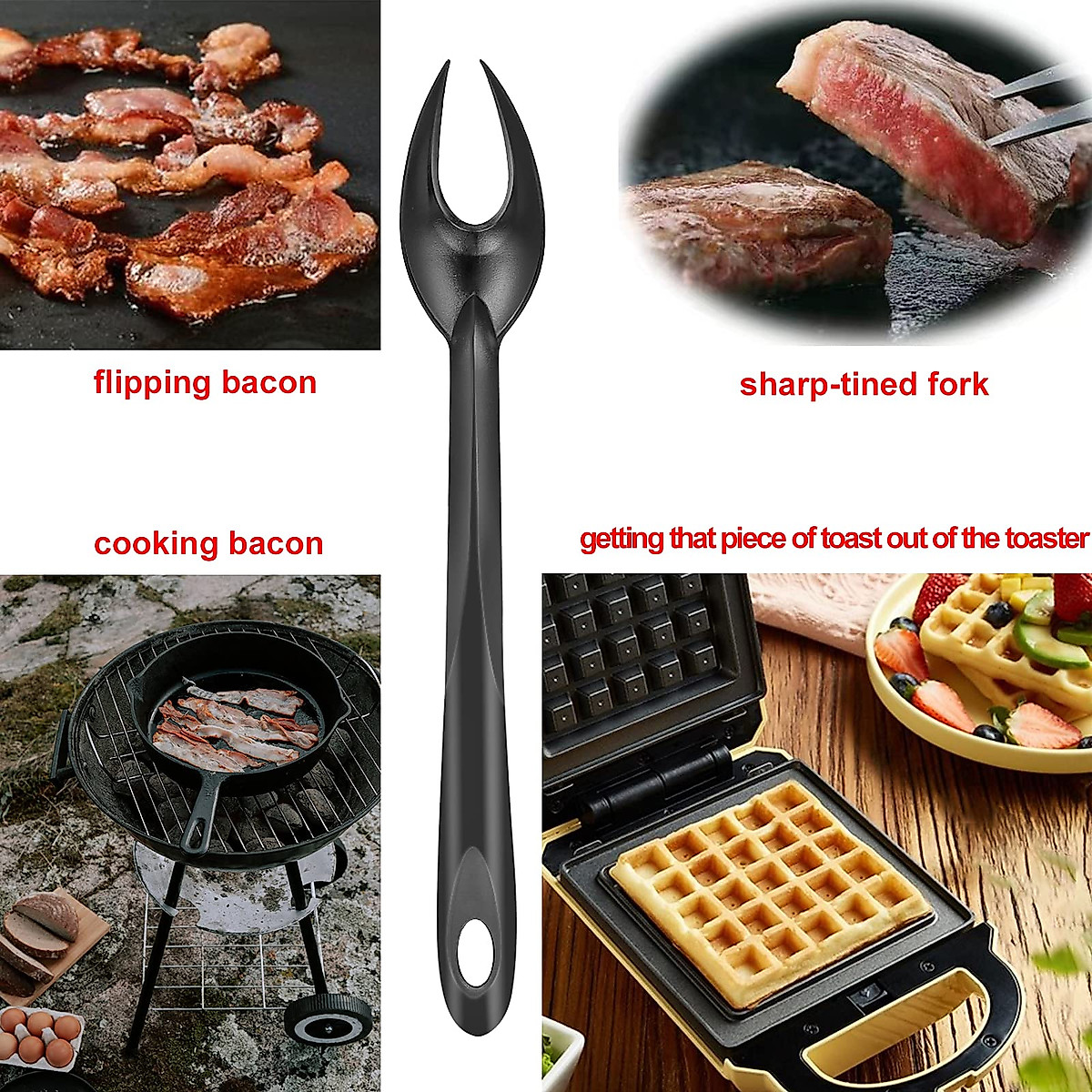 KSENDALO Plastic Cooking Meat Fork 12.4in Two Prong Kitchen Nylon Nonstick Carving Serving Fork Turning Holding Sausages Bacon Meatball etc Black