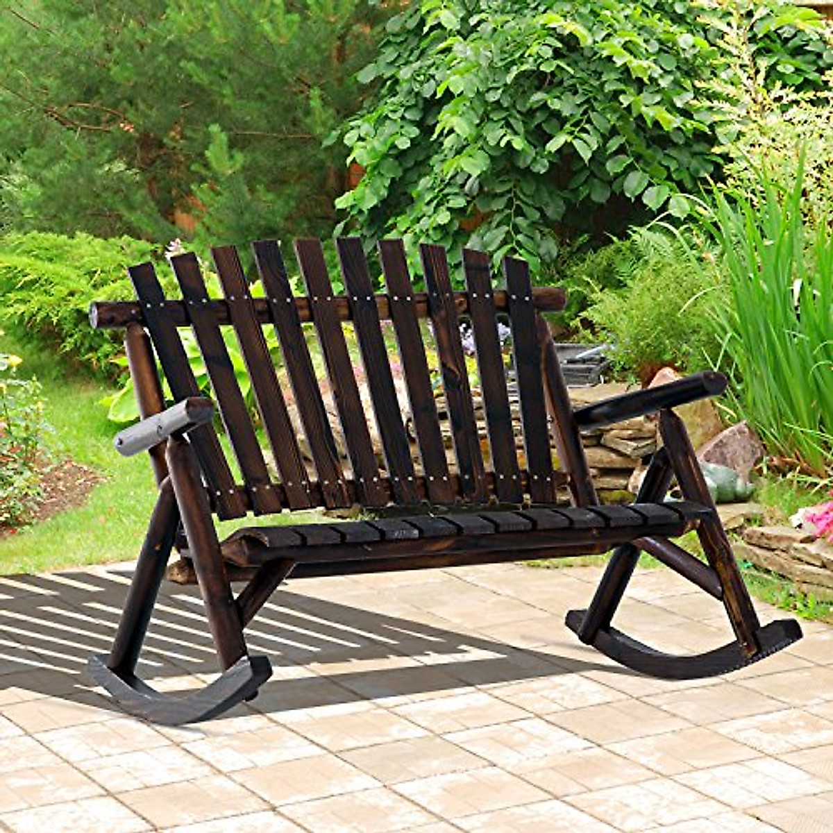 Outsunny Double Wooden Porch Rocking Bench, Adirondack Porch Rocker Chair, Heavy Duty Loveseat for 2 Persons with High Rise Slatted Seat & Backrest, Smooth Armrests, Carbonized