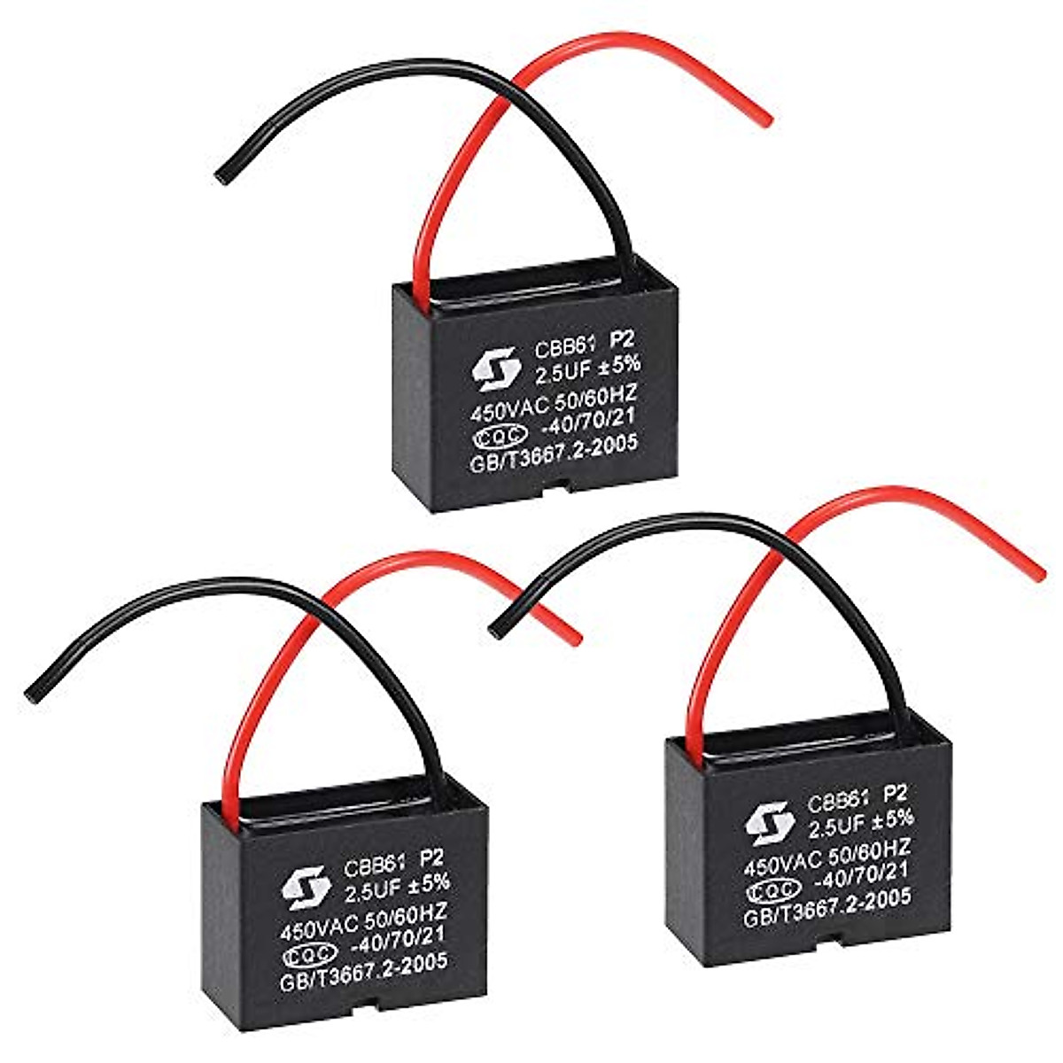 uxcell Ceiling Fan Capacitor CBB61 2.5uF 450V AC 2 Wires Metallized Polypropylene Film Capacitor 38x29x17mm for Electric Fan Pump Motor Generator 3Pcs