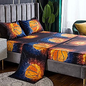 4PC Soft Basketball Sheet Sets Full Size Sport Bedding Sheet Sets with Flat Fitted Sheet for Boys, Girls and Teens (Full, Basketball)