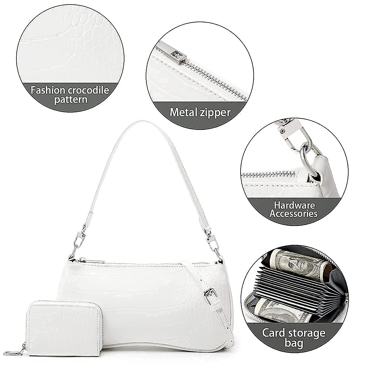White Purse for Women 3pcs Set Small Shoulder Bag Mini Clutch Purses 90s Y2k Handbags
