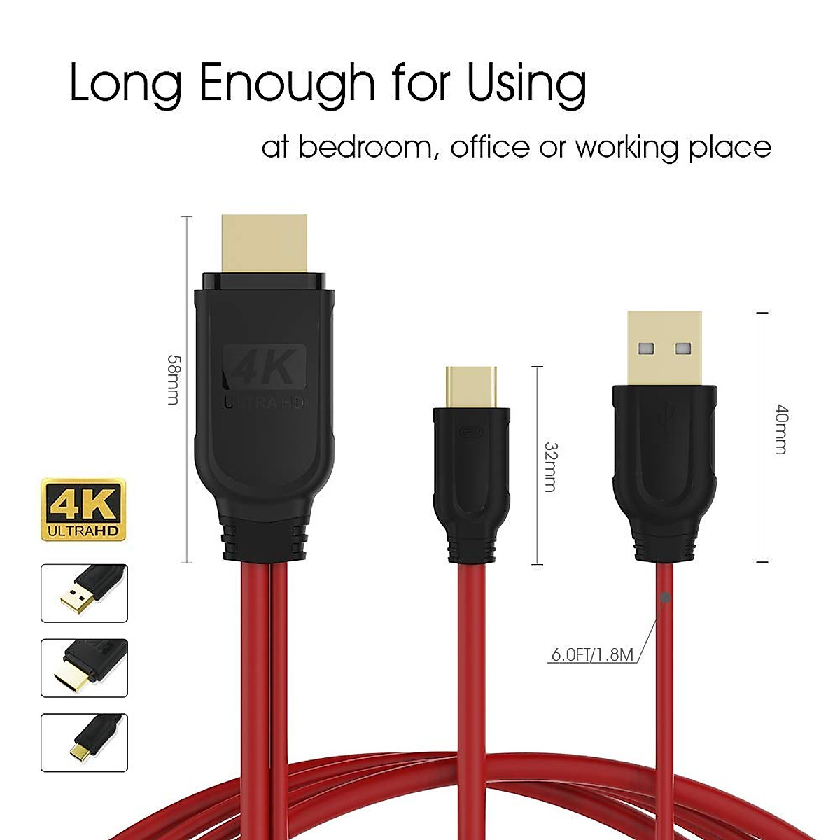 Kkf USB Type C to 4K HDMI Cable Adapter 6FT | High Speed HDMI Cables, 4K @ 30Hz, Ultra HD, Mobile Phone to TV Mirror Cable | for Laptop, Monitor, Fire TV (Type A Port only for Charging) (red)