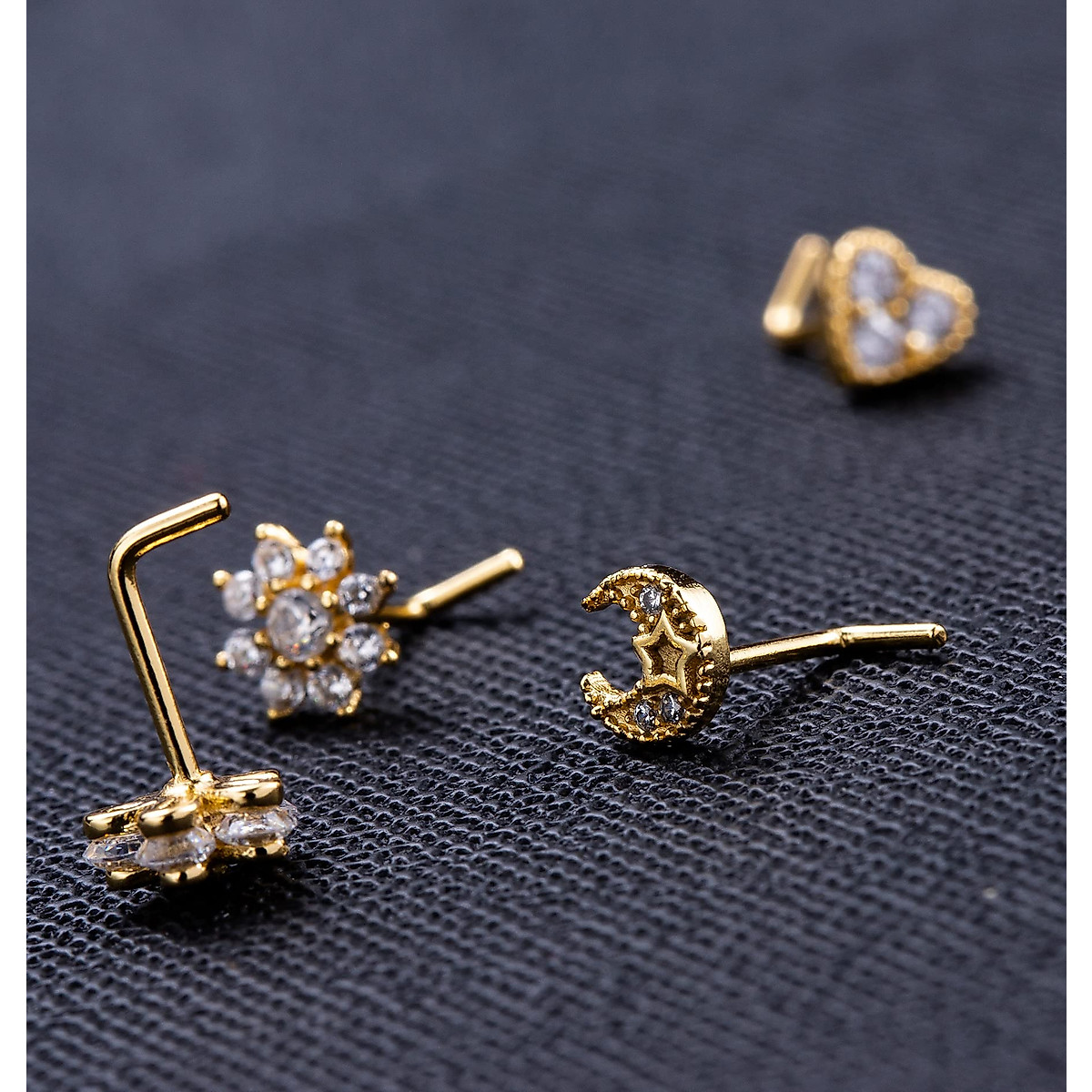 Masedy 9Pcs 20G Stainless Steel Nose Rings L Shaped Nose Studs Flower Screw Nose Rings for Women Men Nose Piercing Set LG