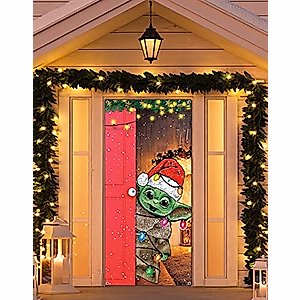 Funny Christmas Door Cover Cute Baby Yo-da Christmas Door Sign Banner Star Funny Wars Merry Christmas Door Decoration Santa Yo-da Christmas Backdrop for Door Wall Window 6.6 x 3 ft