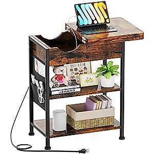 TARKARI Side Table end Table with Charging Station Living Room Narrow end Tables with Storage Bedside Table Flip Top Night Stand USB Ports and outlets Sofa Couch Table for Small Spaces