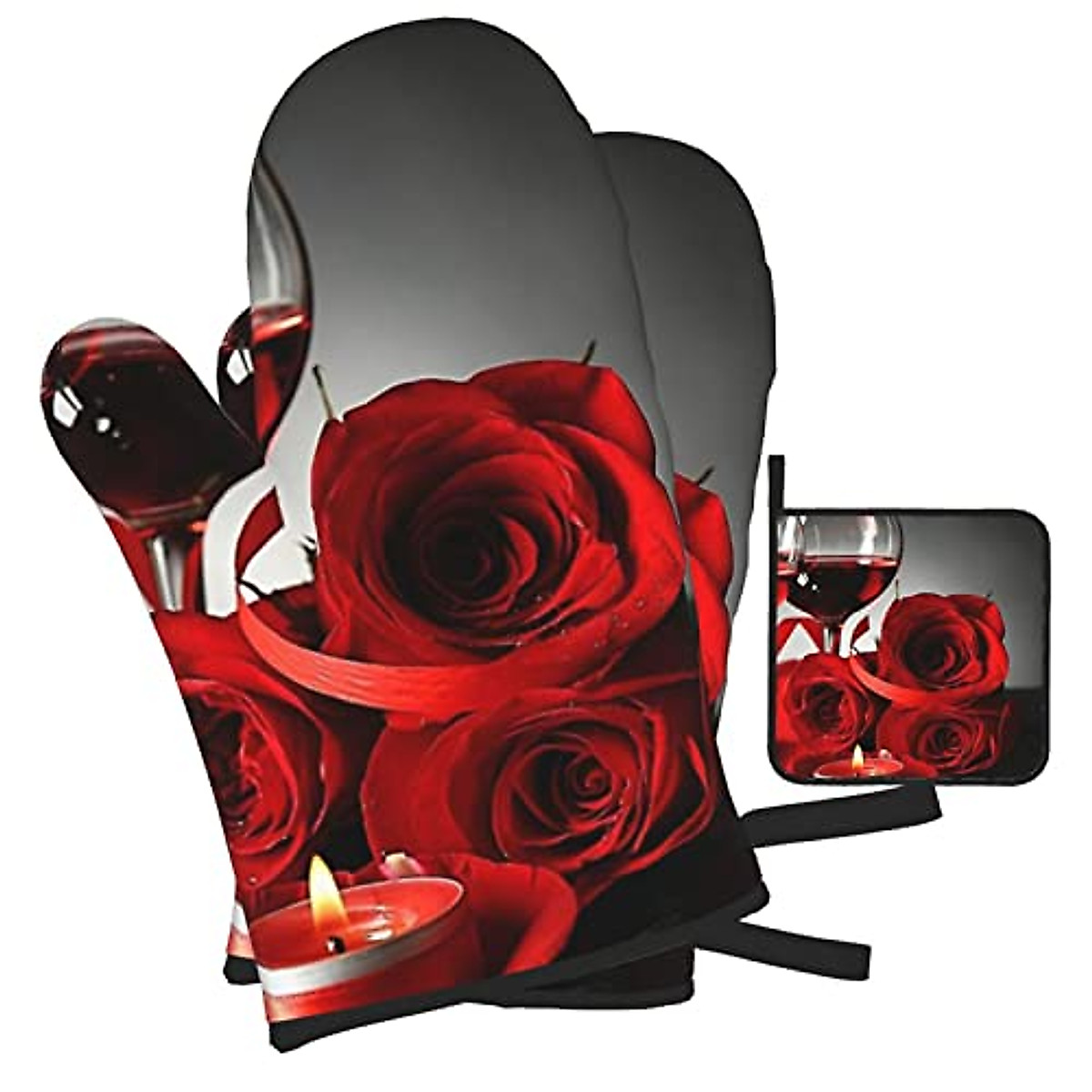 YILEQUAN Red Rose Wine Glass and Candle Print Oven Mitts Pot Holders Sets,Kitchen Glove High Heat Resistant 500 Degree Potholder,Surface Safe for Baking, Cooking, BBQ,Pack of 3