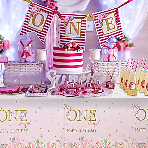 3 Pieces 1st Birthday Party Tablecloth Floral One First Birthday Table Cover Flower Disposable First Birthday Plastic Tablecloth for Kids Birthday Baby Shower Party Decoration Supplies, 54 x 108 Inch