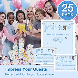 Set of 25 Baby Shower Invitations for Boy with Envelopes, Diaper Raffle Tickets and Baby Shower Book Request Cards