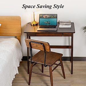 Cttasty Computer Desk with Drawers, Solid Wood Writing Desk, Mid Century Modern Home Office Desks, Oak Study Table, Small Desk for Bedroom, 29.1 H x 31.5 W x 19.7 D Inches, Walnut