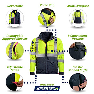 JORESTECH Safety 4-in-1 Windbreaker Reversible Gray Fitted Jacket Reflective High Visibility with Removable Sleeves JK-05 Small