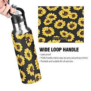 ALAZA Custom Sunflower Water Bottle with Name for Kids Girls with Straw Personalized Insulated Stainless Steel Water Flask Thermos for School Sport 20 Ounce