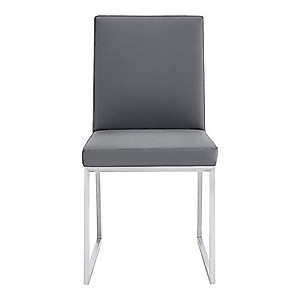 Armen Living Trevor Contemporary Faux Leather Dining Chair - Set of 2, 20" Seat Height, Gray and Brushed Stainless Steel