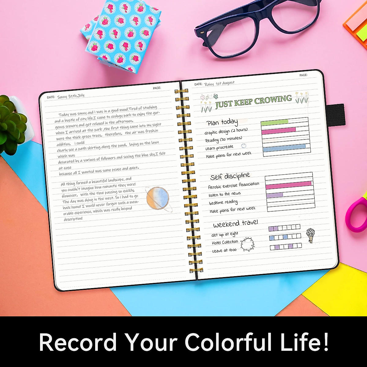 Alltree Lined Journal Notebook, Spiral Notebook for Work, Leather Hardcover Spiral Notebook with Tabs, Pen Loop, Pocket, Stickers, 160 Pages, Journal for Women & Men, Black(6"x8.5")