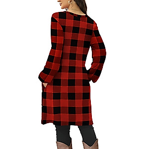 Glanzition Plaid Dress for Women Christmas Knee Length Tunic Dresses Red L