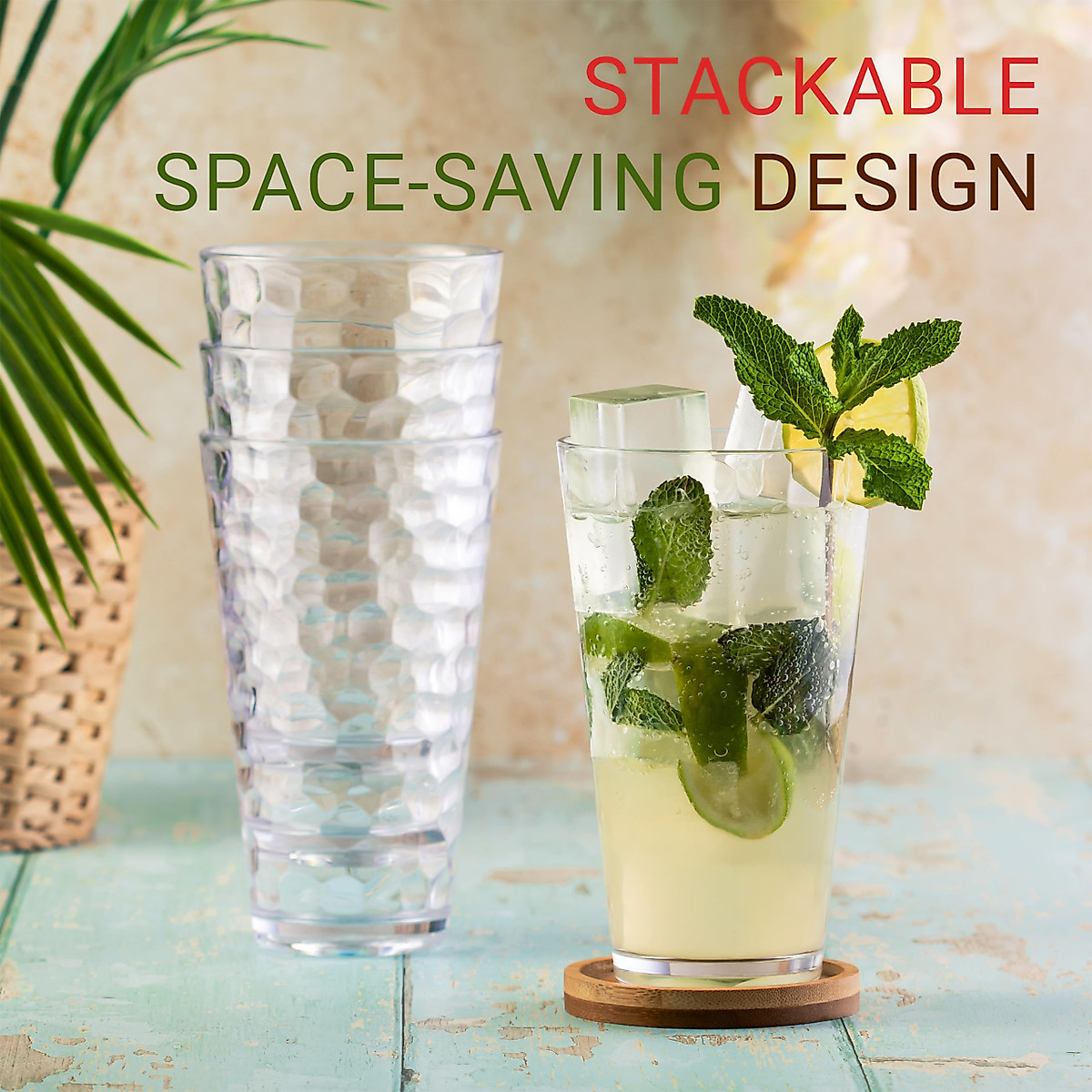 Bravario Hammered Plastic Drinking High Tumbler, Dishwasher-Safe Premium Quality Glasses, BPA-Free Reusable Outdoor Cups, 22 oz Set of 6