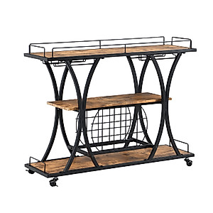 CALABASH Industrial Serving Bar Cart with Storage,3 Tier Shelf Wooden Metal Rustic Freestanding Floor Wine Coffee Rack,Modern Home Portable Mini Bar Liquor Cart (33.66")