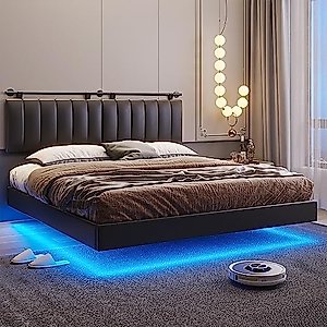 DICTAC King Floating Bed Frame with LED Lights and Wall Mounted Headboard Modern Upholstered Platform Low Profile LED Bed Frame King Size, No Box Spring Needed, Noise Free, Easy Assembly,Black