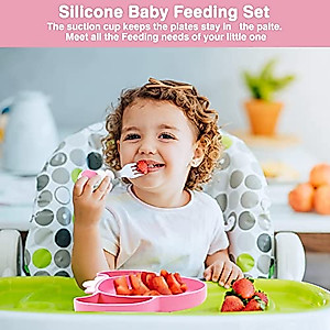 Pinko Coral Baby Led Weaning Supplies Silicone Baby Self Feeding Utensils with Suction Bowl Divided Plate Adjustable Baby Bib Soft Spoon Fork with Lid Drinking Cup Utensil