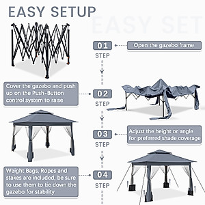 Gazebo, CBBPET 13'x 13' Pop Up Gazebo with Mosquito Netting, Outdoor Gazebo Canopy with Double Roof Tops and 169 Square Feet of Shade for Patio, Group Gatherings, Camping Shelter (Gray)