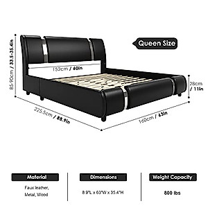TTVIEW Modern Faux Leather Upholstered Platform Bed Frame with Iron Metal Decor, Adjustable Curved Headboard, Wooden Slats Support, No Box Spring Needed, Queen Size, Black