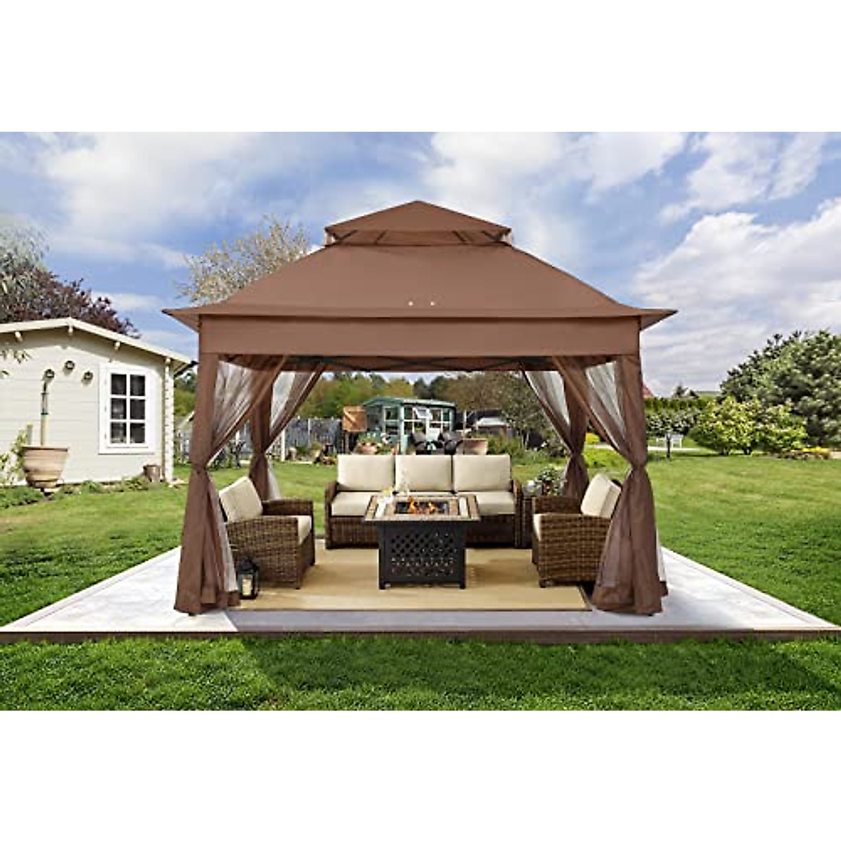 COOSHADE 11x11Ft Easy Pop Up Gazebo Tent Instant Outdoor Canopy Shelter with Mosquito Netting Walls(Brown)