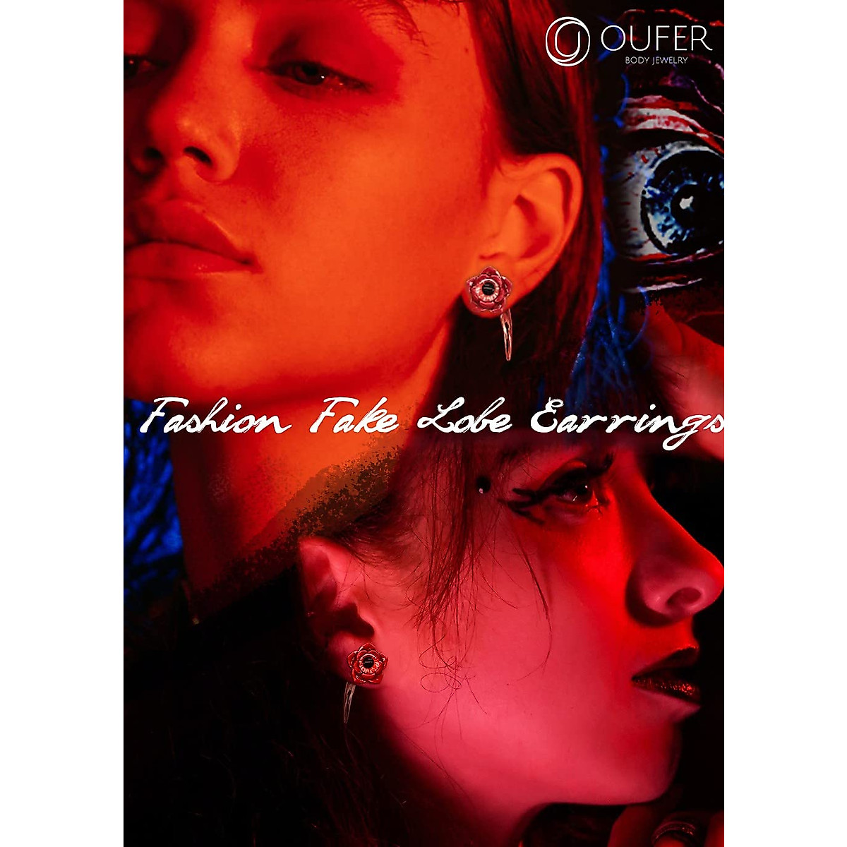 OUFER 2PCS Fake Lobe Earrings, 18G Devil's Eyes Lobe Piercing Jewelry, Fake Devil's Teeth Fake Gauges Faux Plug Taper 3D Devil's Flowers Body Piercing Jewelry For Women And Men