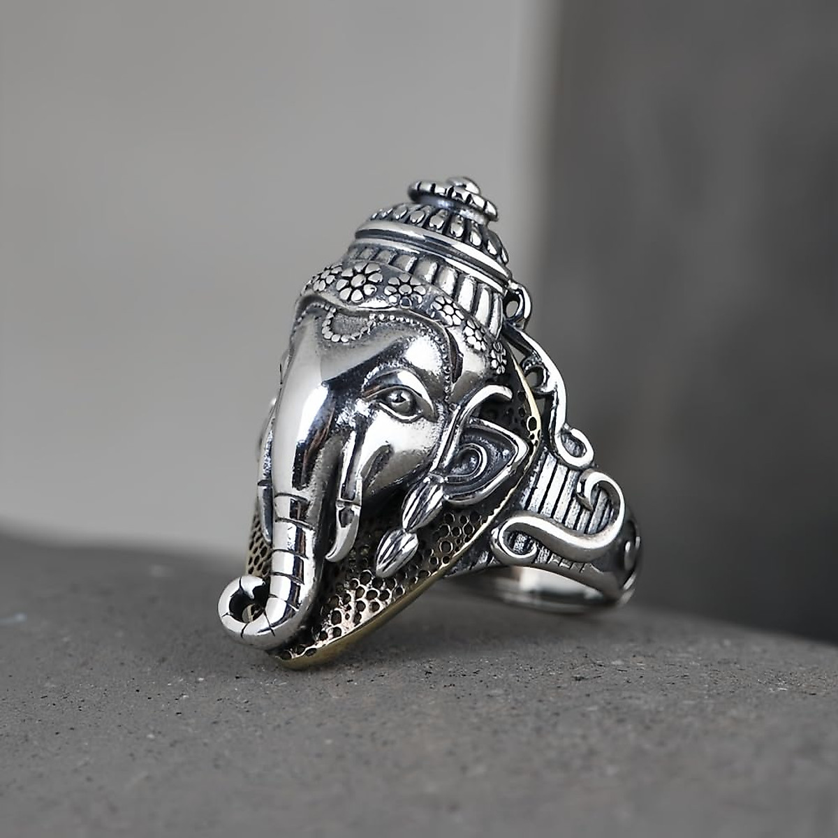 Retro Vintage 925 Sterling Silver Hindu Elephant Lord Ganesh Ring Ganesha Jewelry for Men Women Size 11
