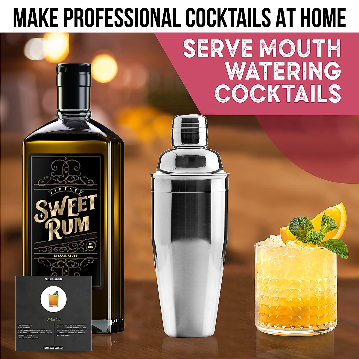 Cresimo 24 Ounce Cocktail Shaker Set Bartender Kit - Martini Shaker with Drink Recipes Booklet - Professional Stainless Steel Cocktail Mixer - Bar Shaker with Built-in Drink Shaker Strainer (1 pc Set)