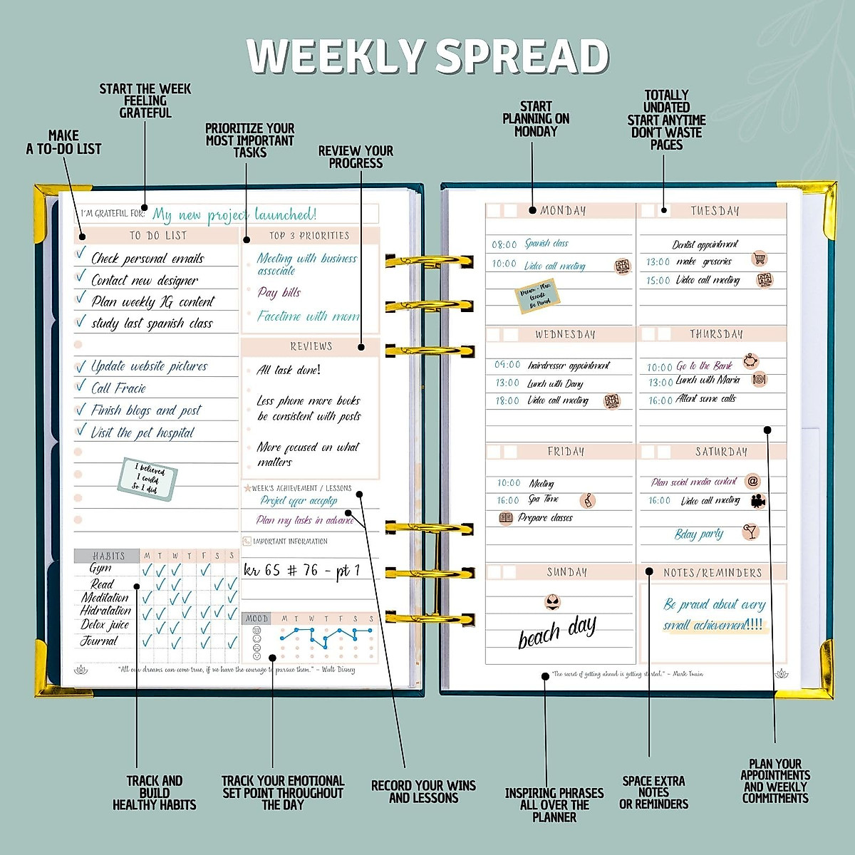 Bossy Girl Journey Goal Planner Undated Weekly Monthly Productivity Journal With Habit And Budget tracker A5 Size 8.5 X 5.8 Binder 6 ring Refillable To Beat Procrastination, Stay More Focused