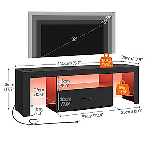 HOOBRO LED TV Stand with Power Outlets to 65 inch TV, Gaming Entertainment Center with Glass Shelves and Large Drawer, Modern Media TV Console Table for Living Room Bedroom, Black BB14UDDS01G1