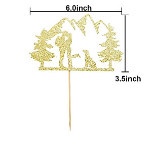 Outdoor Wedding Cake Topper Bride & Groom with Dog Backpacking Wedding Party Decor Mountain Trees Outdoor Themed Wedding Cake Decorations Gold Glitter