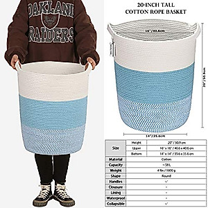 Sea Team Large Size Cotton Rope Woven Storage Basket with Handles, Laundry Hamper, Fabric Bucket, Drum, Clothes Toys Organizer for Kid's Room, 20 x 14 inches, Round Open Design, White & Mottled Blue